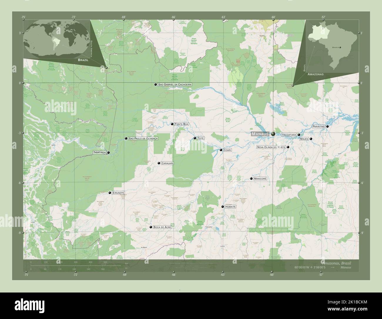 Amazonas, state of Brazil. Open Street Map. Locations and names of ...