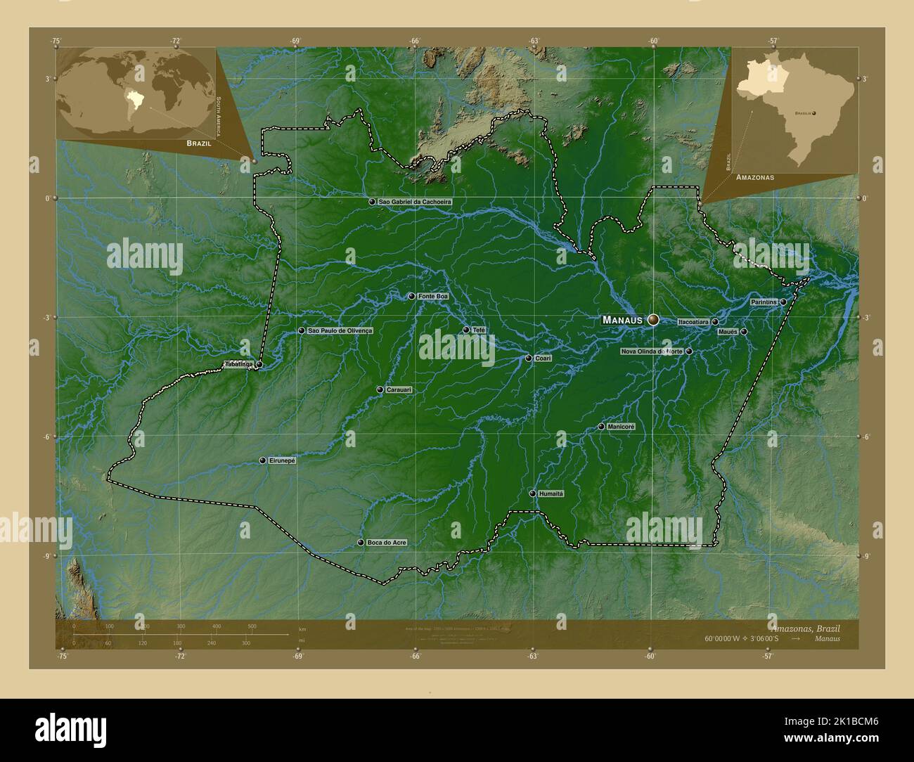 Amazonas, state of Brazil. Colored elevation map with lakes and rivers ...