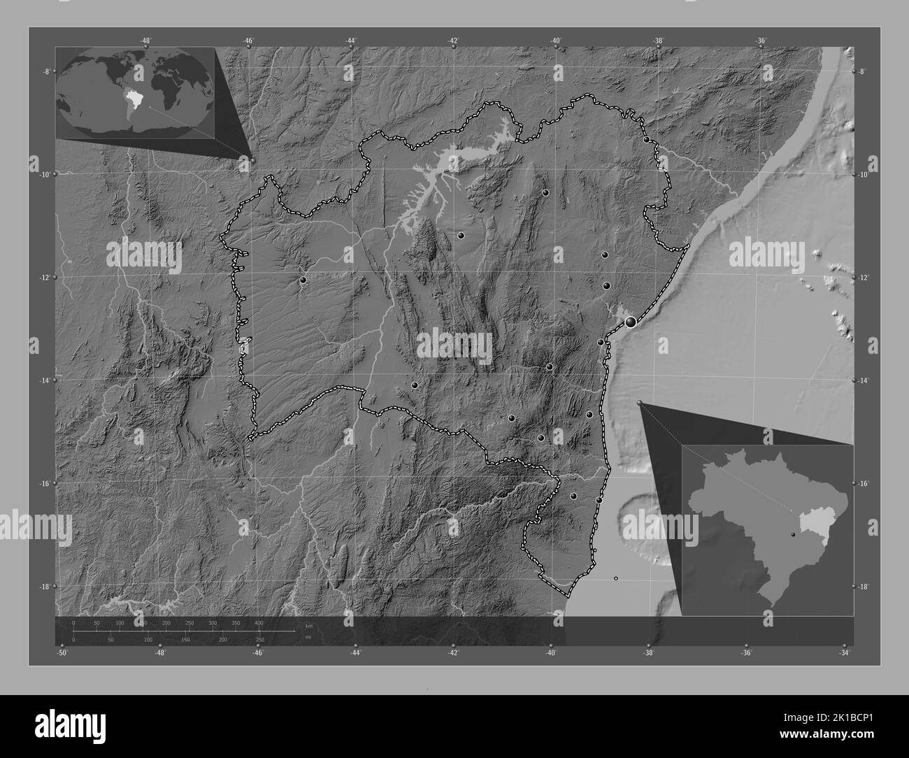 Bahia, state of Brazil. Bilevel elevation map with lakes and rivers. Locations of major cities ...