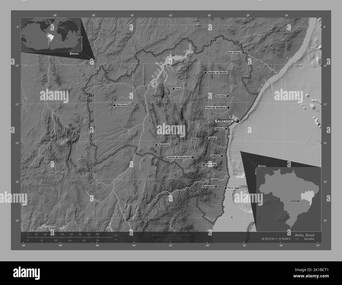 Bahia, state of Brazil. Bilevel elevation map with lakes and rivers ...