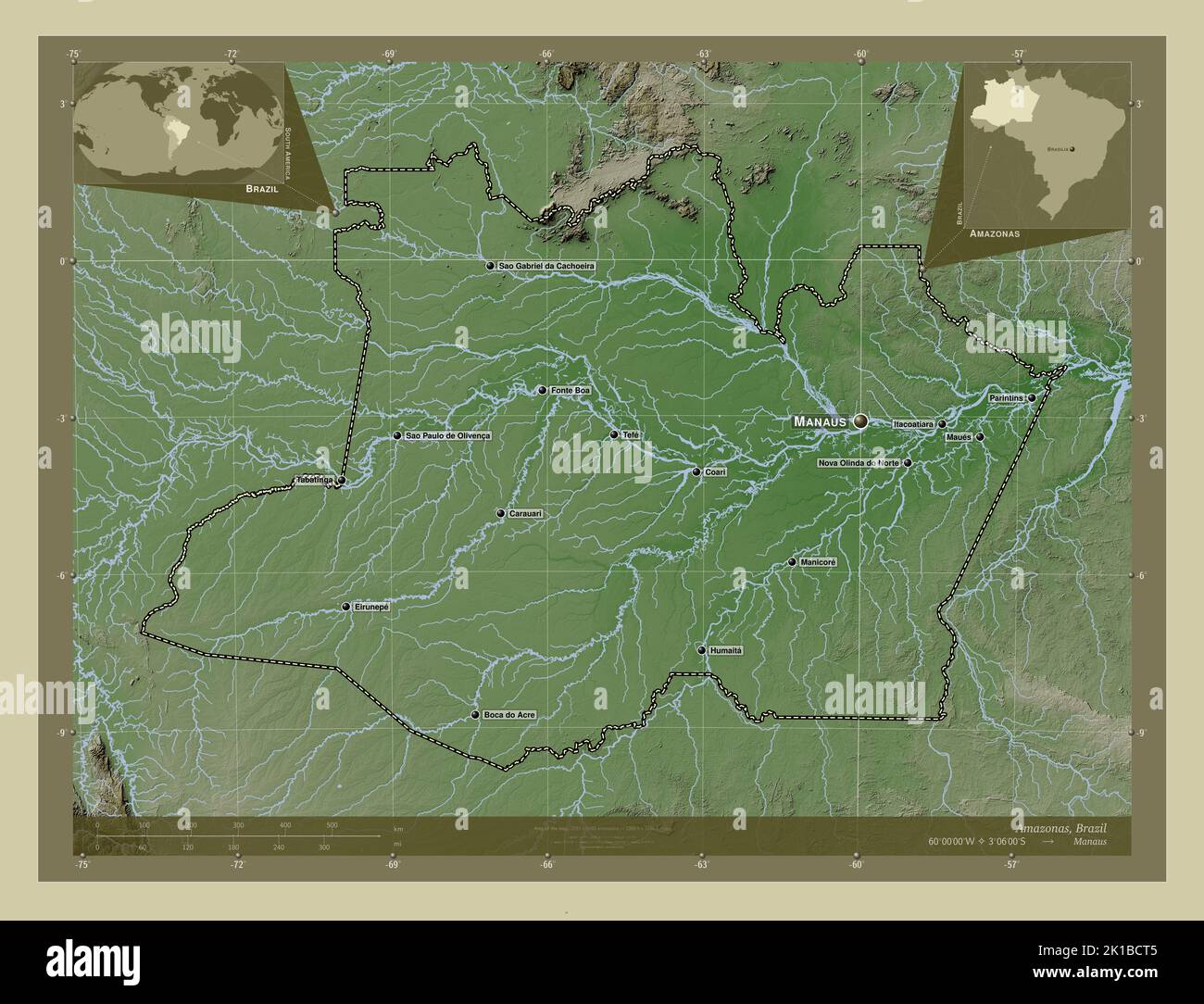 Amazonas, state of Brazil. Elevation map colored in wiki style with ...