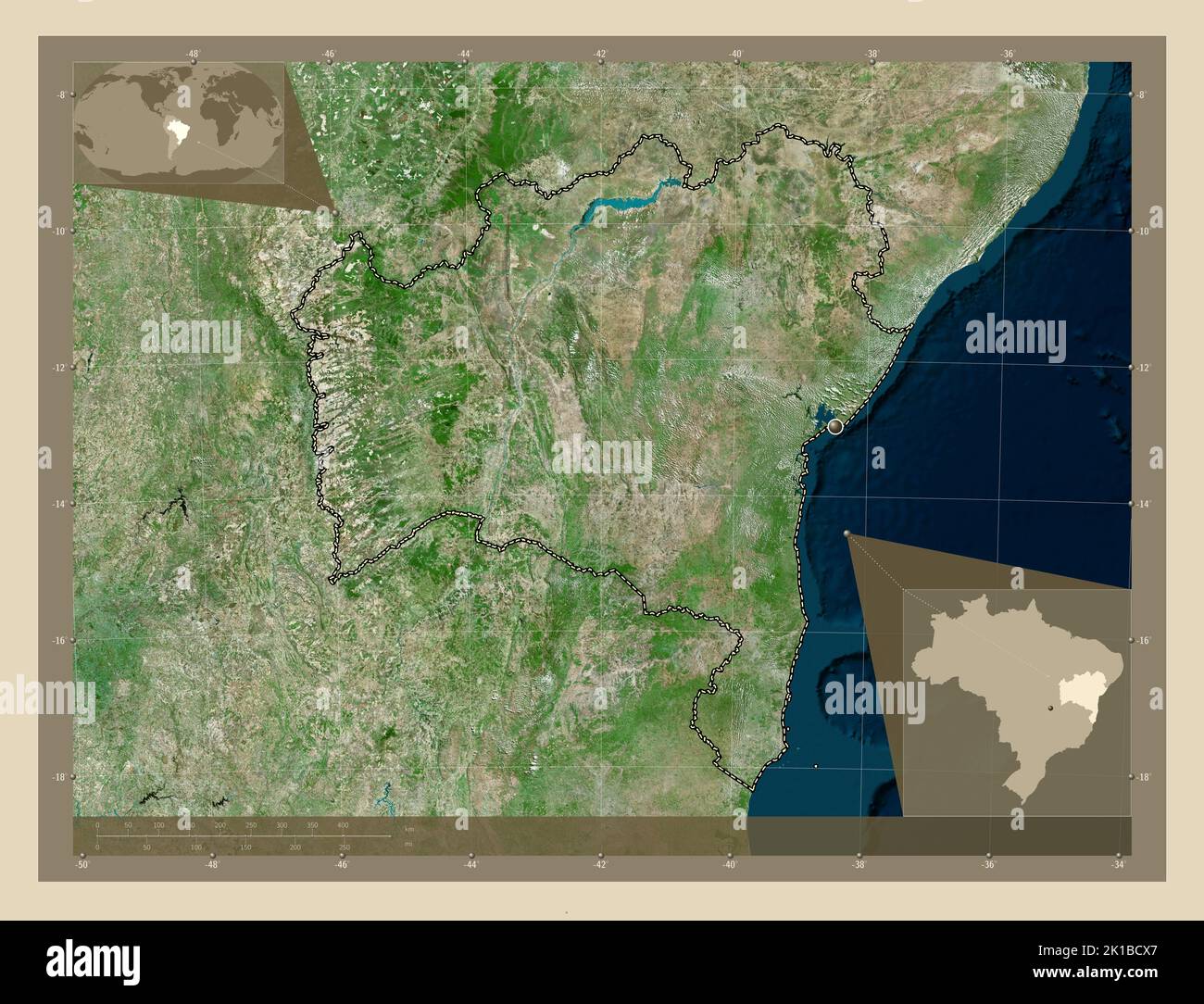Bahia, state of Brazil. High resolution satellite map. Corner auxiliary ...