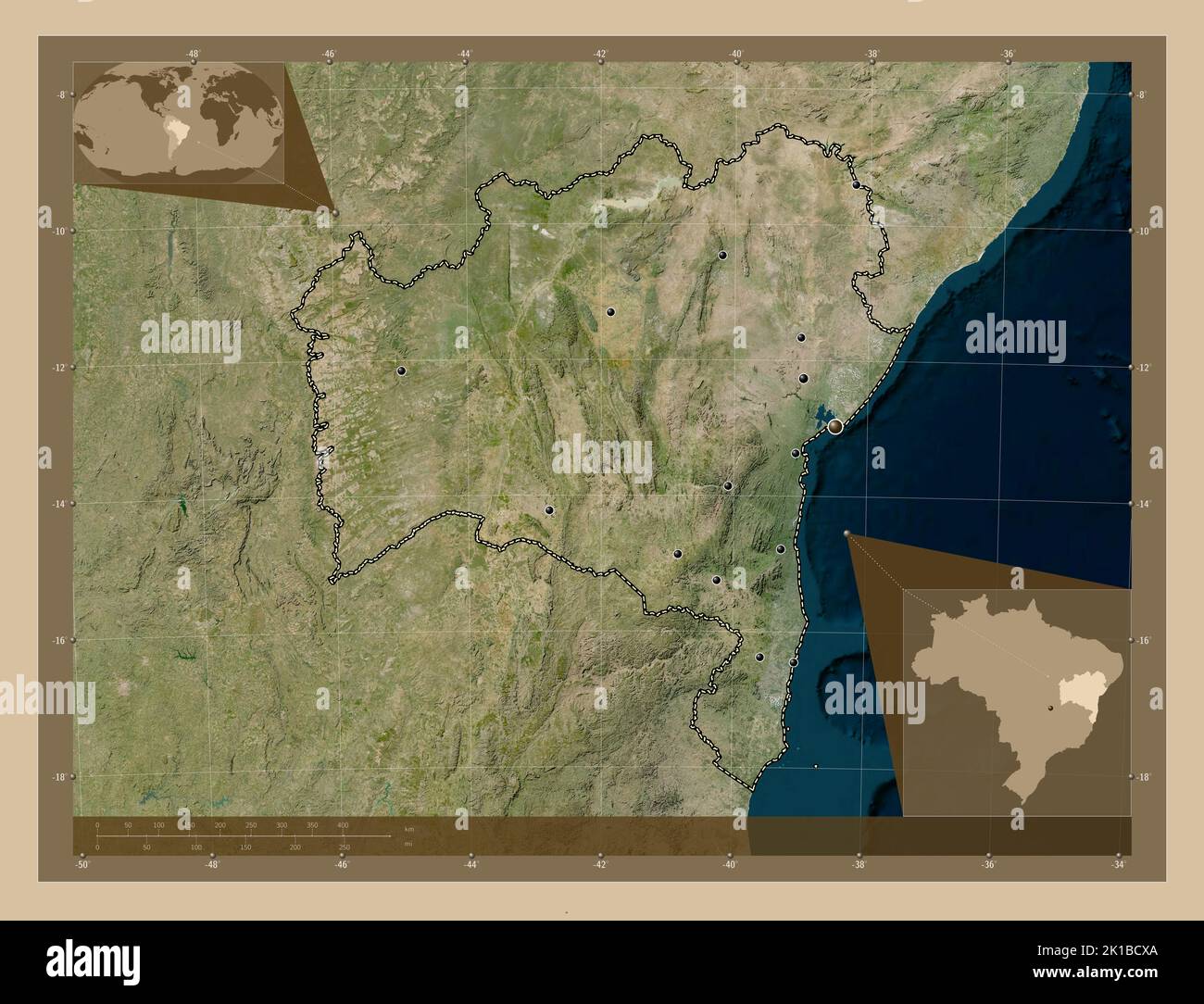 Bahia, state of Brazil. Low resolution satellite map. Locations of ...