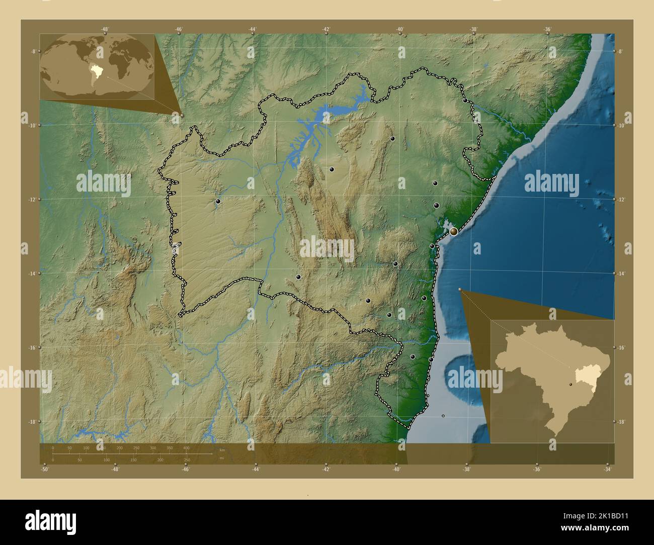 Bahia, state of Brazil. Colored elevation map with lakes and rivers ...