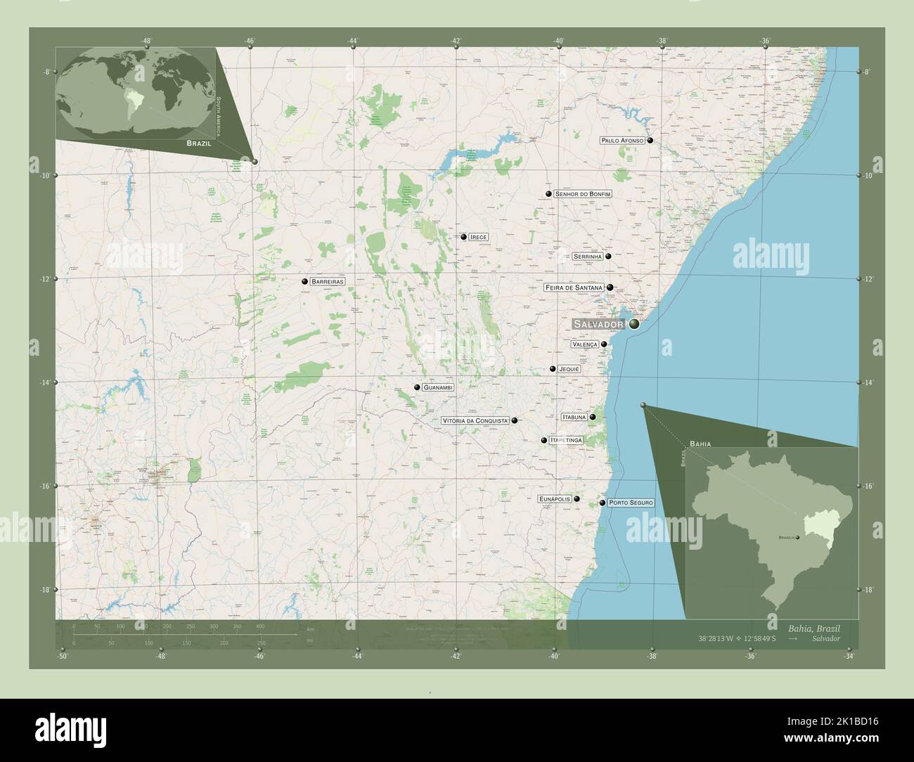 Bahia, state of Brazil. Open Street Map. Locations and names of major ...