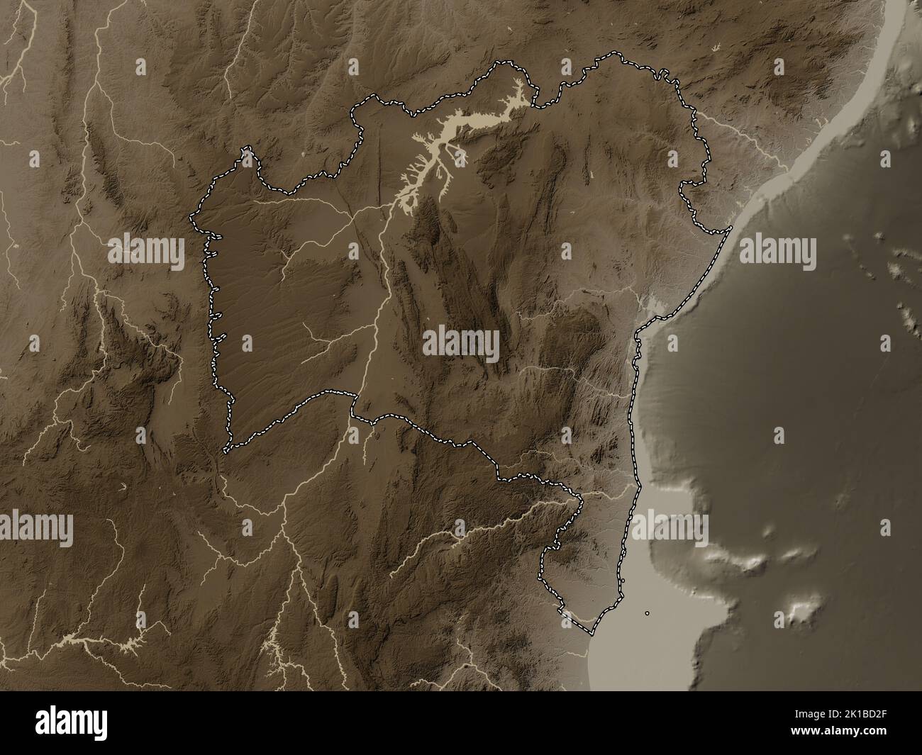 Bahia, state of Brazil. Elevation map colored in sepia tones with lakes ...