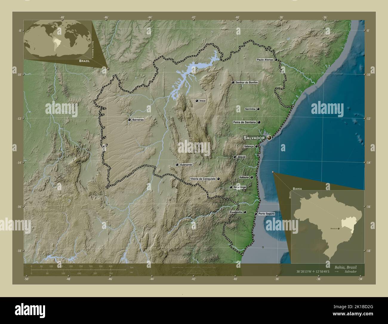 Bahia, state of Brazil. Elevation map colored in wiki style with lakes ...