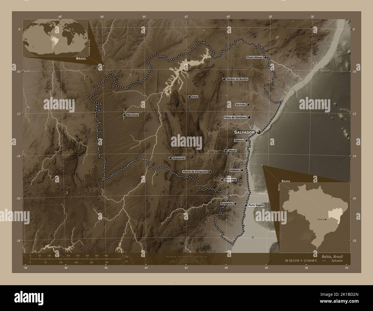 Bahia, state of Brazil. Elevation map colored in sepia tones with lakes ...