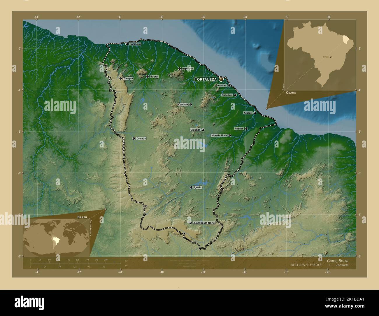 Ceara, state of Brazil. Colored elevation map with lakes and rivers ...