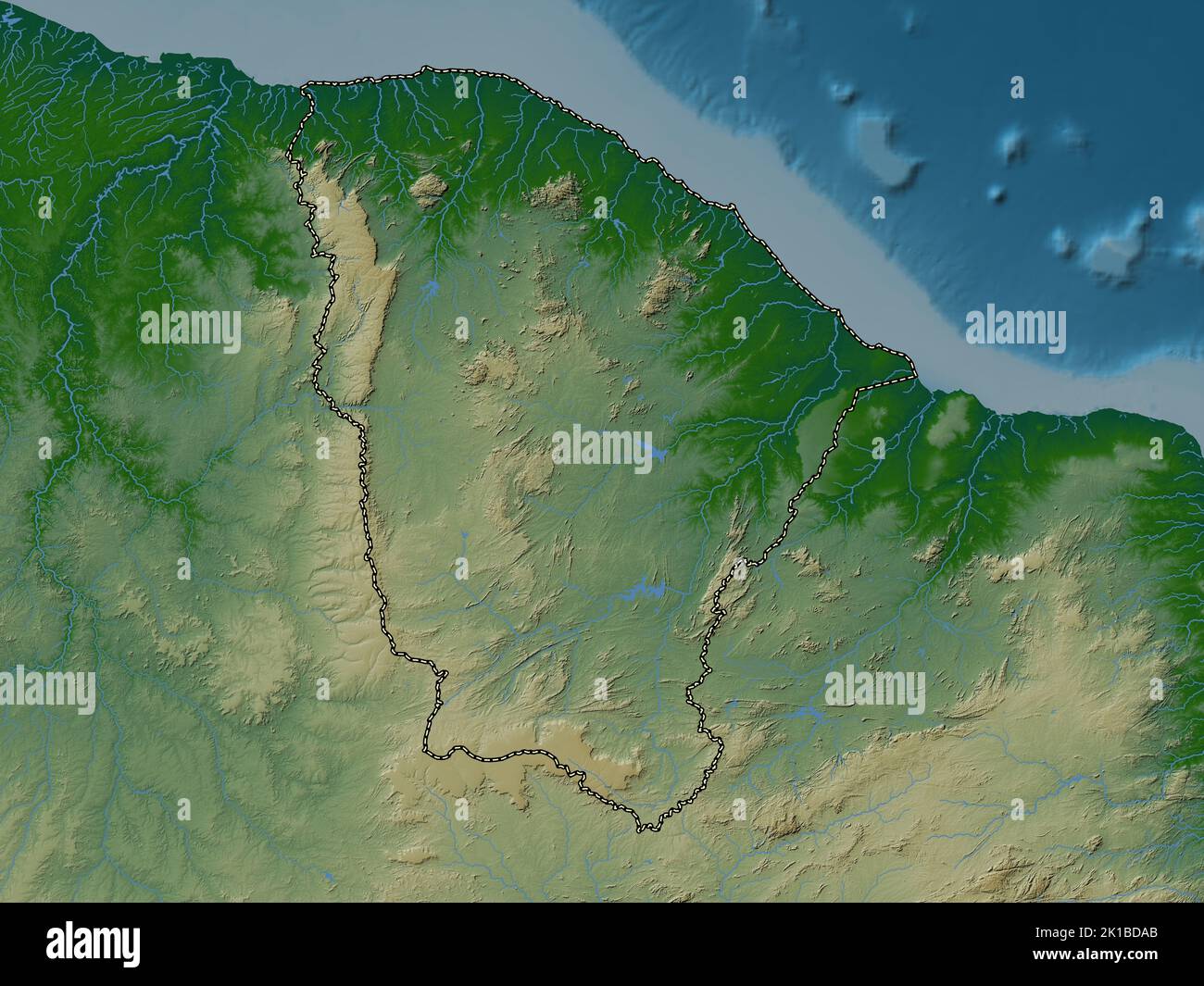 Ceara, state of Brazil. Colored elevation map with lakes and rivers ...