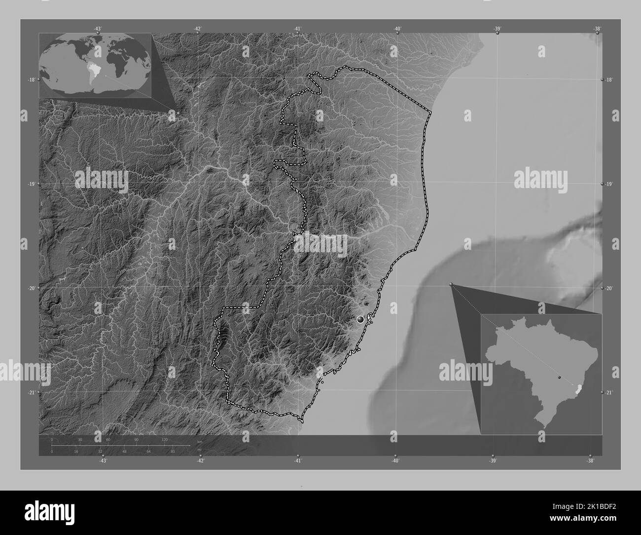 Espirito Santo, state of Brazil. Grayscale elevation map with lakes and ...