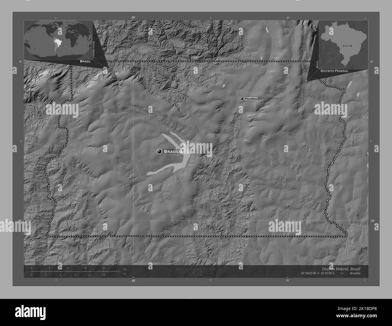 Distrito Federal, federal district of Brazil. Bilevel elevation map with lakes and rivers ...
