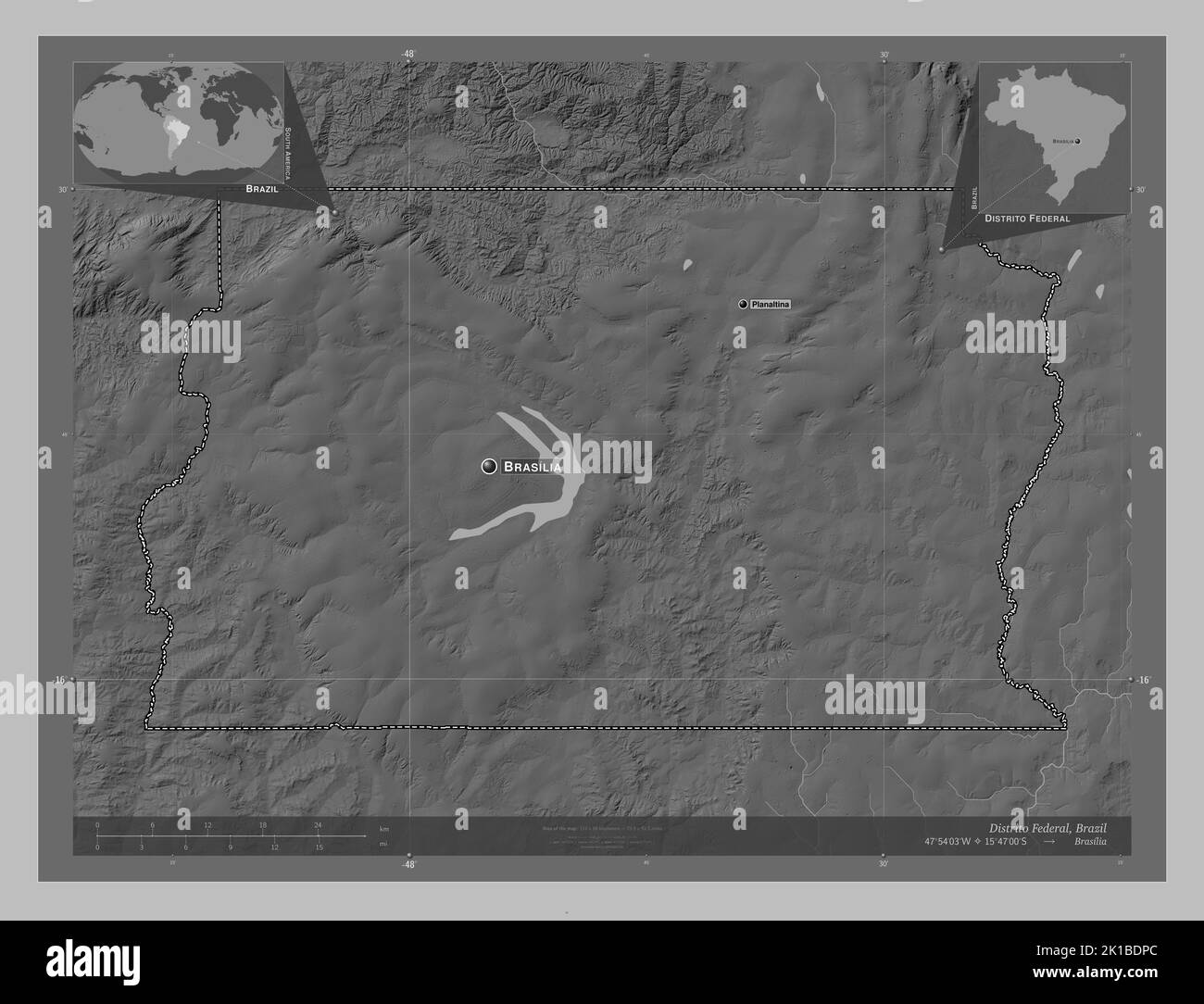 Distrito Federal, federal district of Brazil. Grayscale elevation map ...