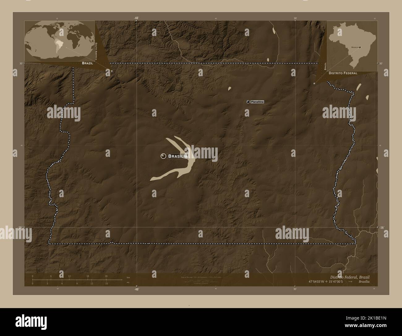Distrito Federal, federal district of Brazil. Elevation map colored in ...