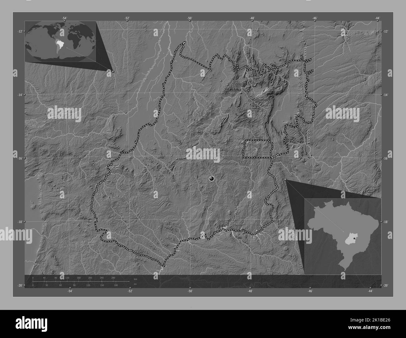 Goias, state of Brazil. Bilevel elevation map with lakes and rivers ...