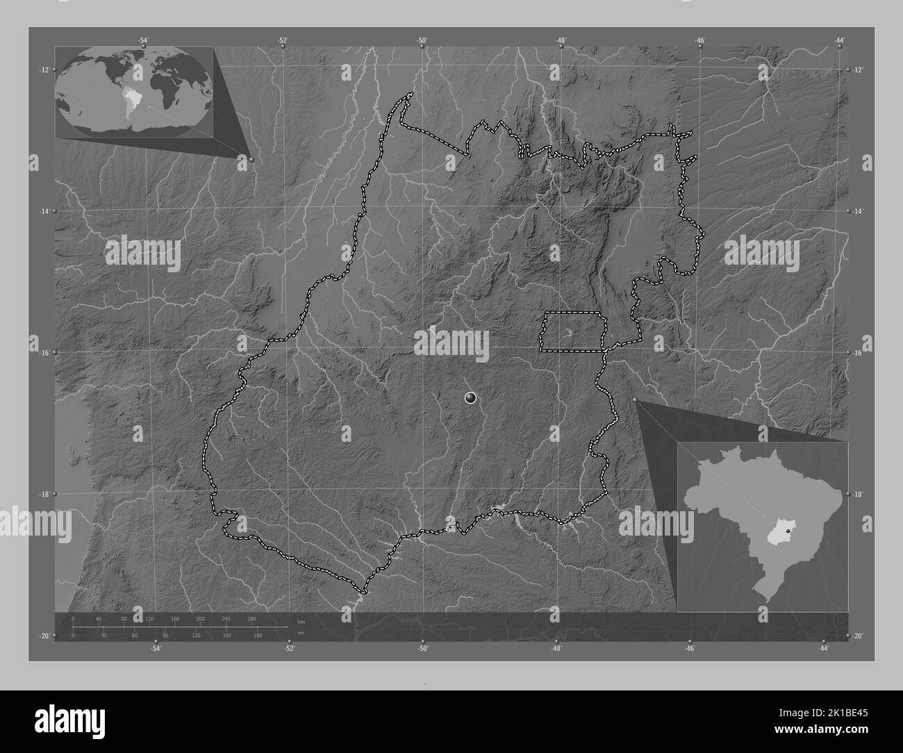 Goias, state of Brazil. Grayscale elevation map with lakes and rivers. Corner auxiliary location ...