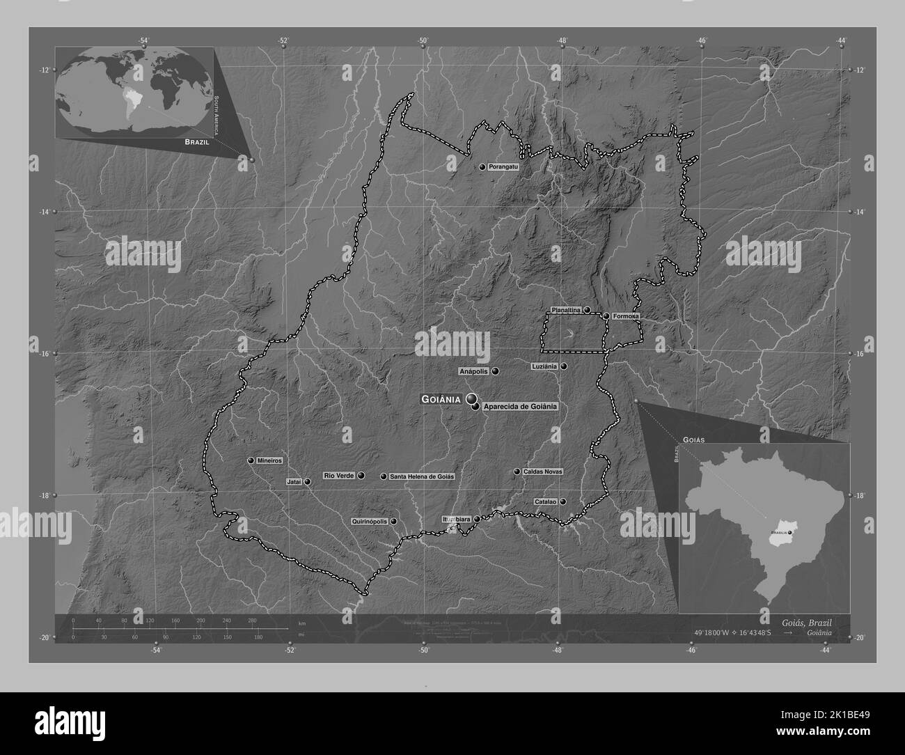 Goias, state of Brazil. Grayscale elevation map with lakes and rivers. Locations and names of ...