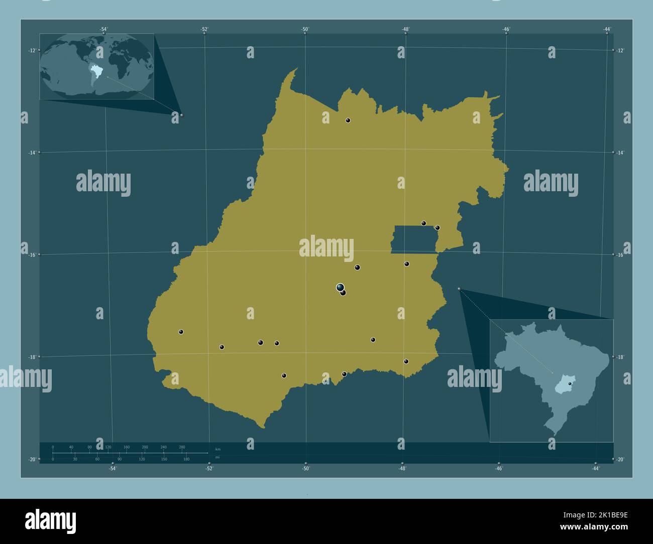 Goias, state of Brazil. Solid color shape. Locations of major cities of ...