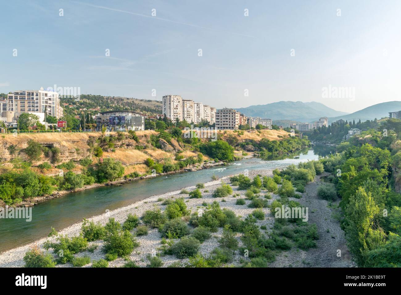 Podgorica, Montenegro - June 4, 2022: View of Moraca river and capital ...