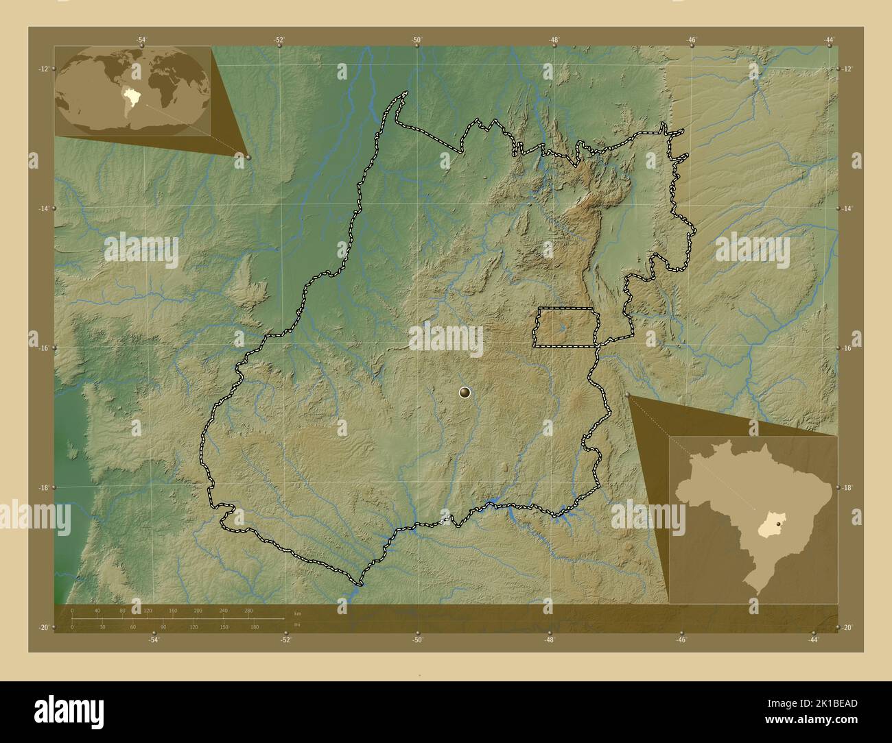 Goias, state of Brazil. Colored elevation map with lakes and rivers ...
