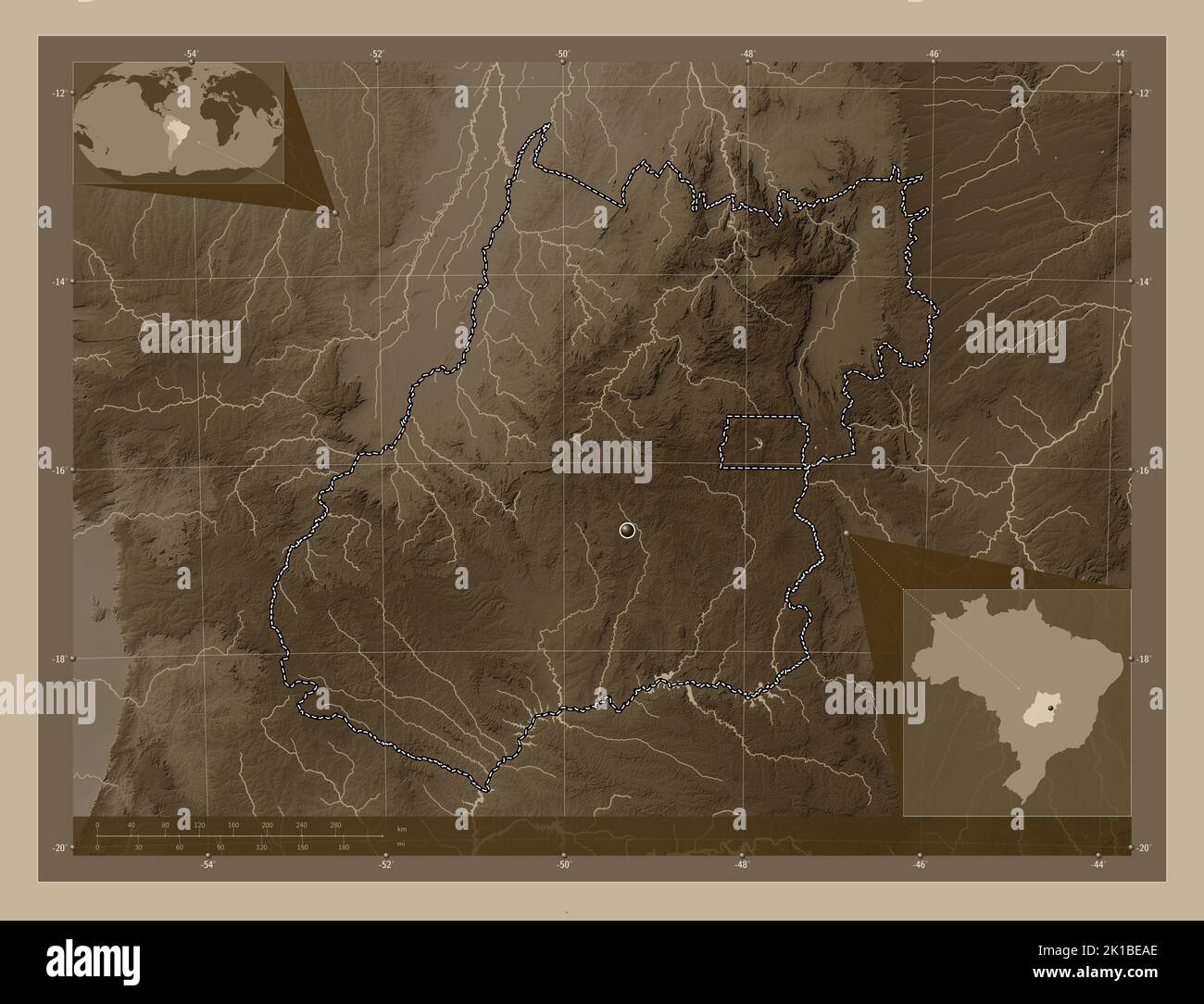 Goias, state of Brazil. Elevation map colored in sepia tones with lakes ...