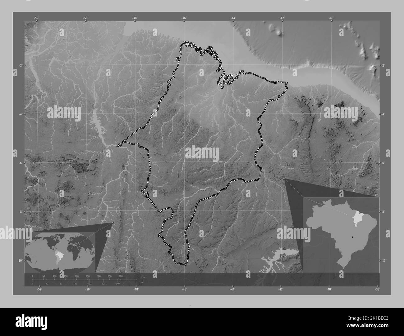 Maranhao, state of Brazil. Grayscale elevation map with lakes and rivers. Corner auxiliary ...