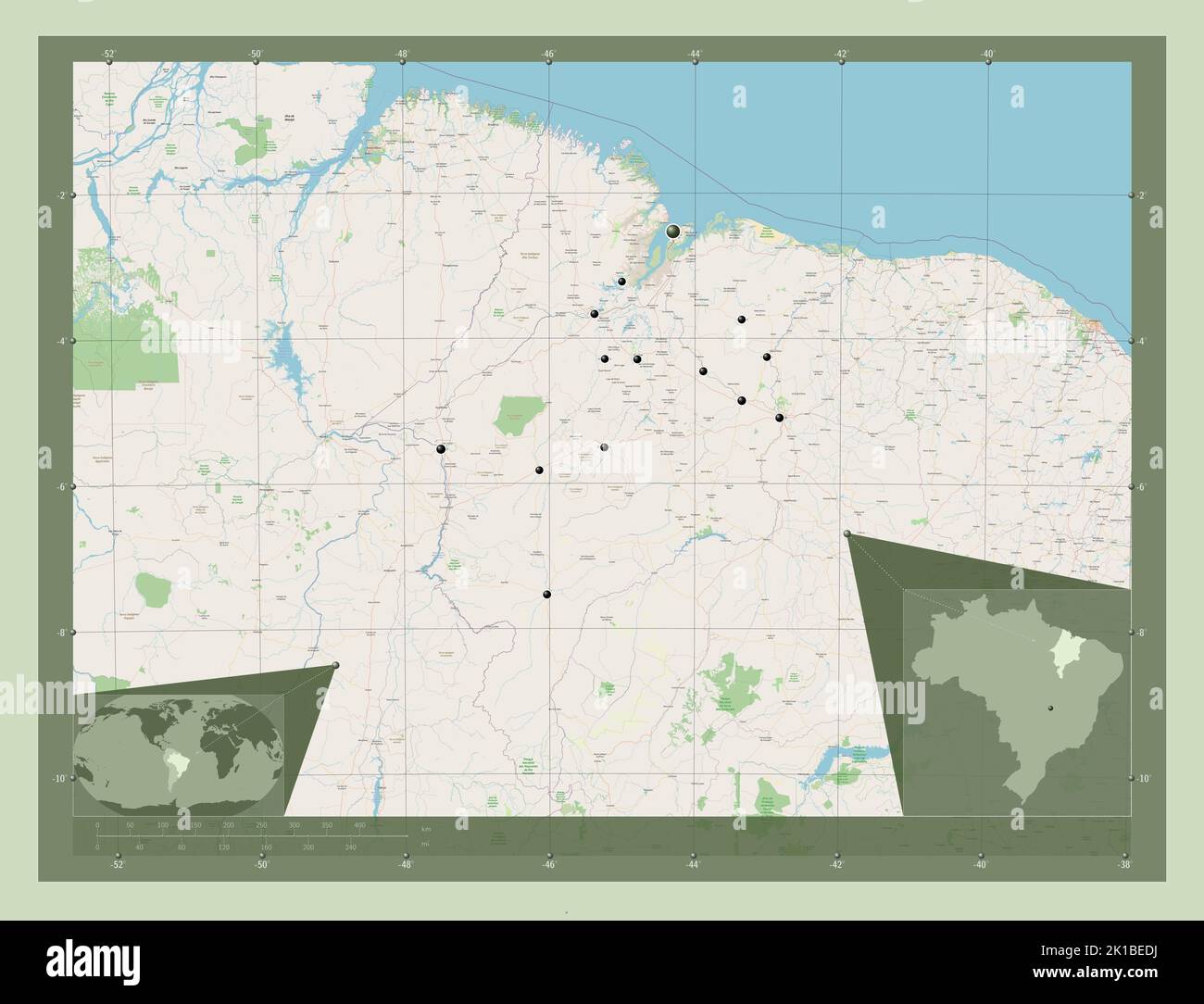 Maranhao, state of Brazil. Open Street Map. Locations of major cities ...