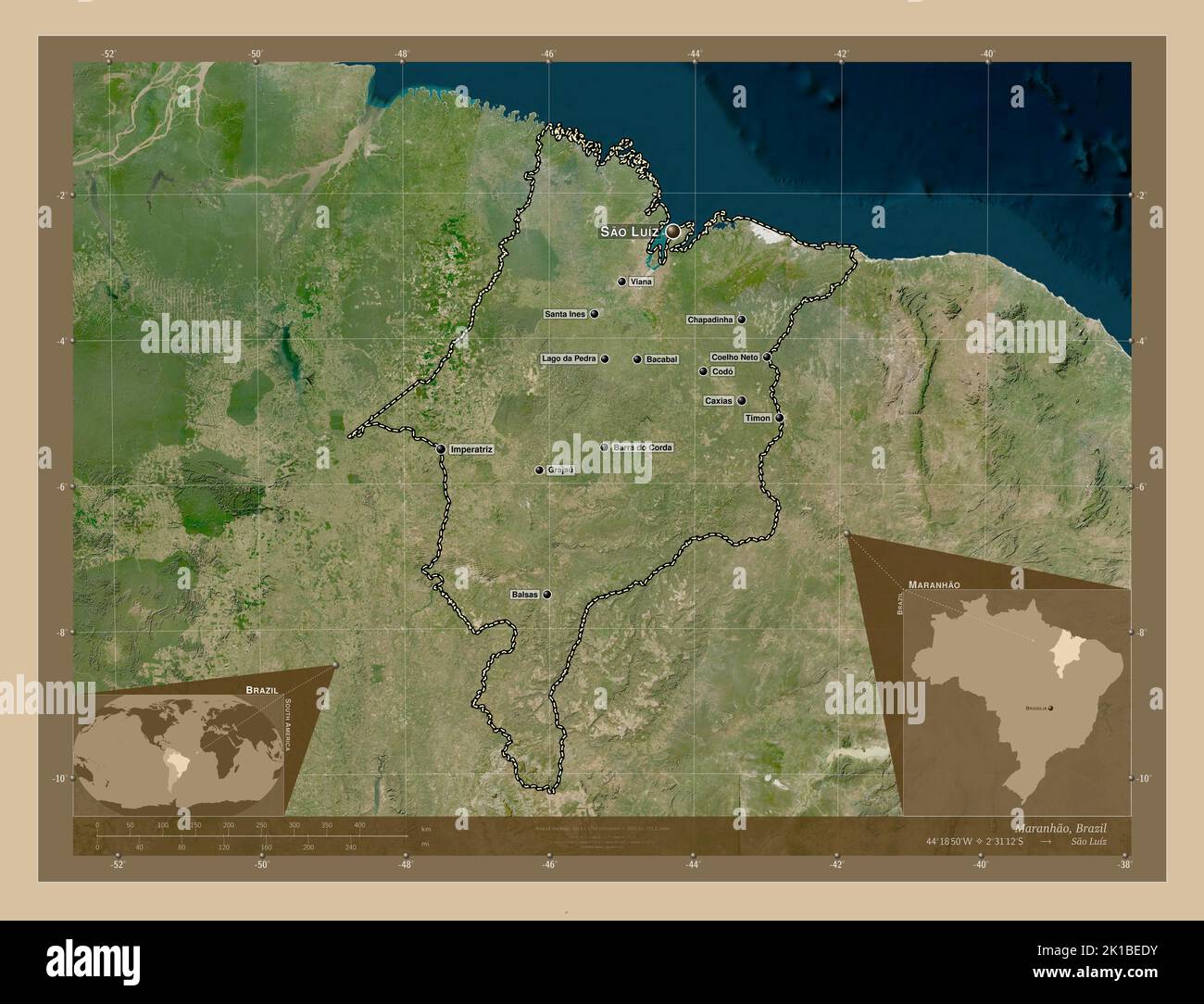 Maranhao, state of Brazil. Low resolution satellite map. Locations and ...