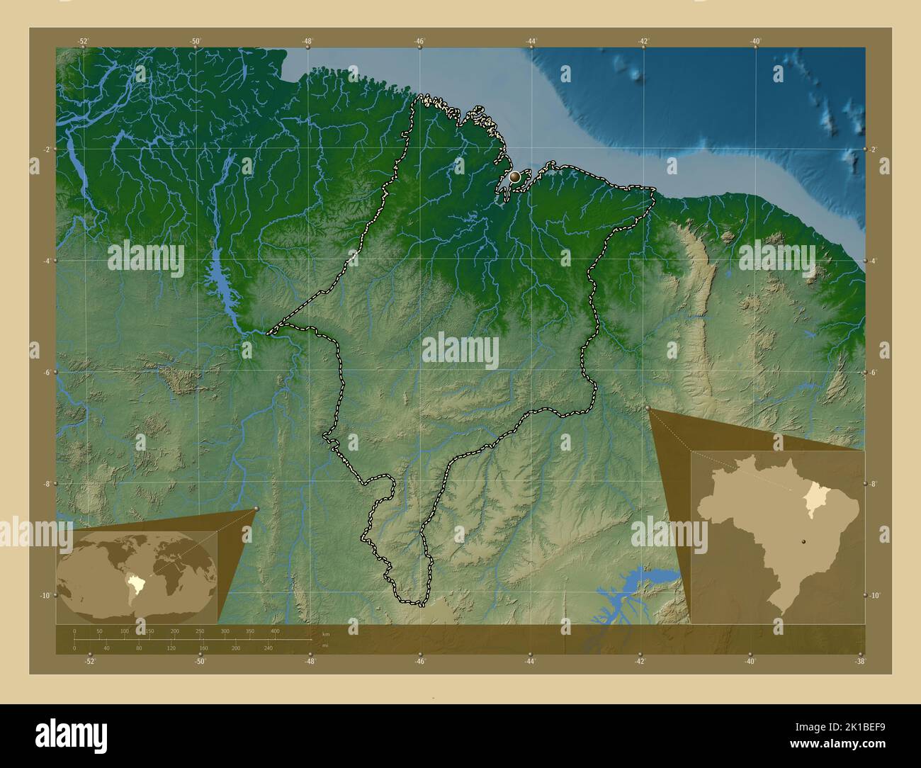 Maranhao, state of Brazil. Colored elevation map with lakes and rivers ...