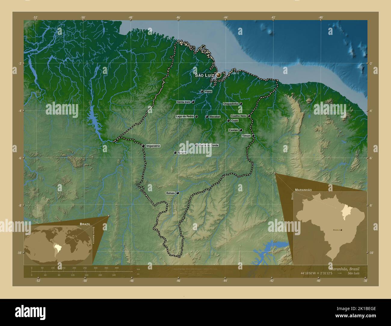 Maranhao, state of Brazil. Colored elevation map with lakes and rivers ...