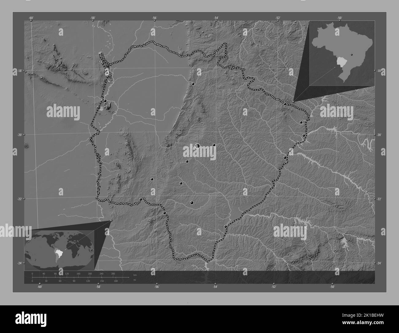 Mato Grosso do Sul, state of Brazil. Bilevel elevation map with lakes ...