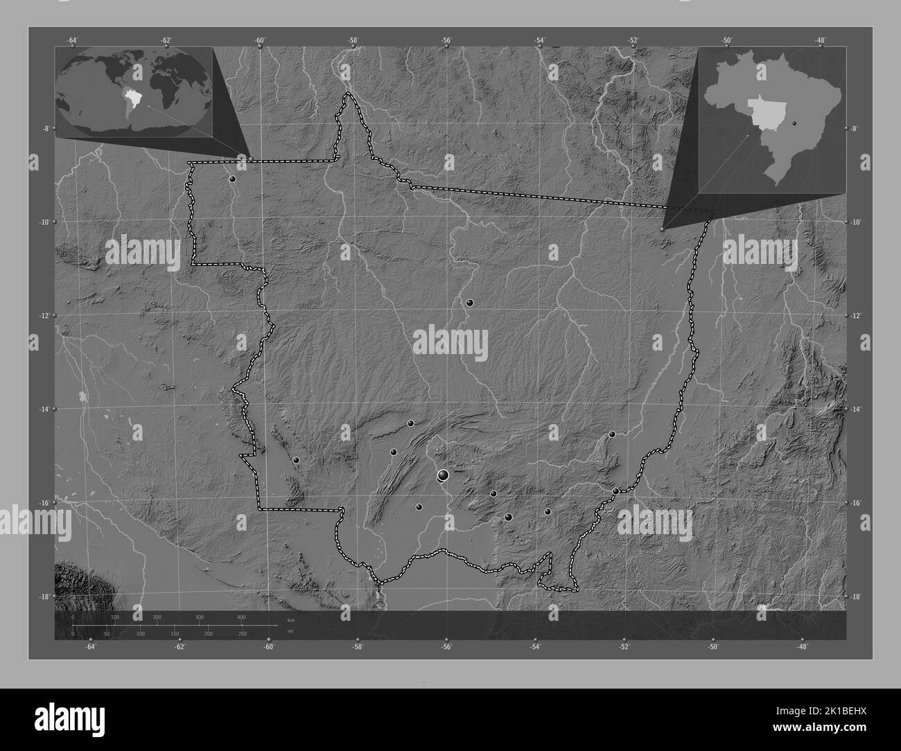 Mato Grosso, state of Brazil. Bilevel elevation map with lakes and ...