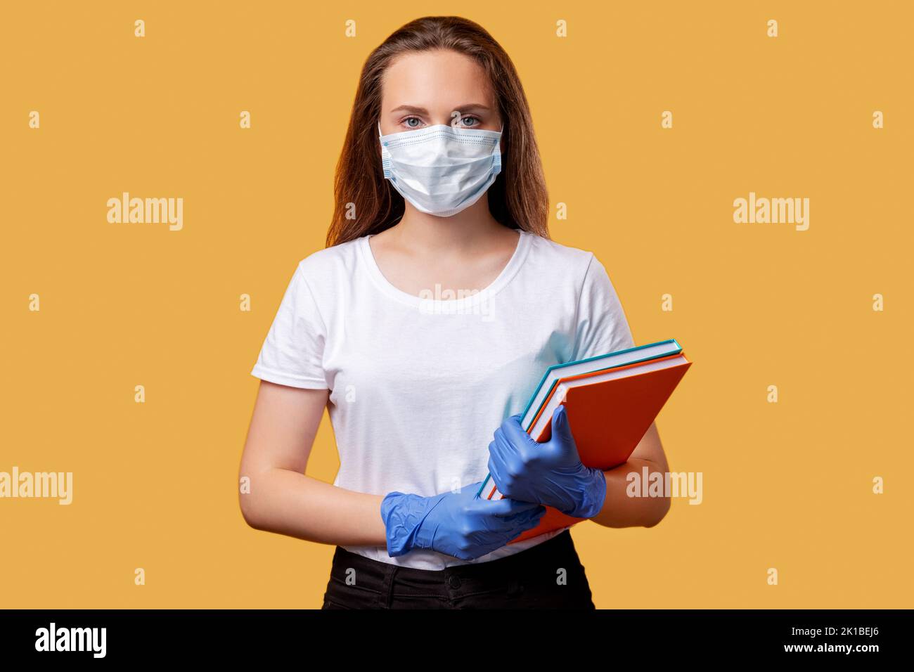 Quarantine education. Distance study. Confident female student in ...