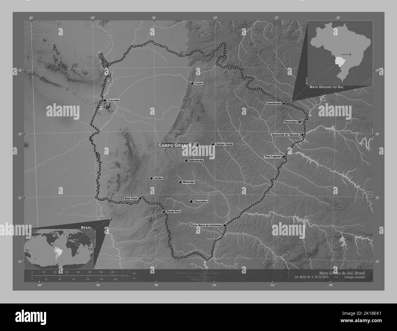 Mato Grosso do Sul, state of Brazil. Grayscale elevation map with lakes and rivers. Locations ...