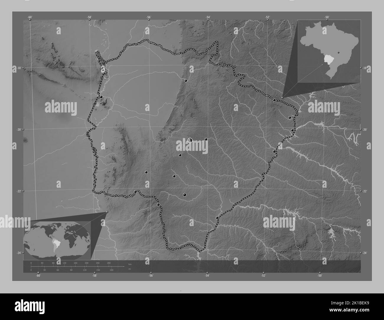 Mato Grosso do Sul, state of Brazil. Grayscale elevation map with lakes and rivers. Locations of ...