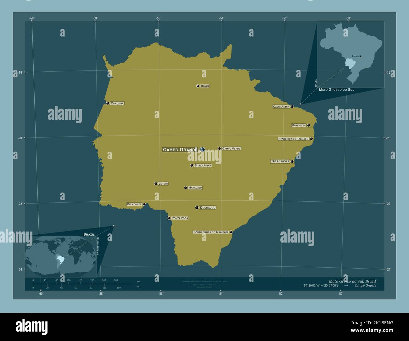 Mato Grosso do Sul, state of Brazil. Solid color shape. Locations and ...