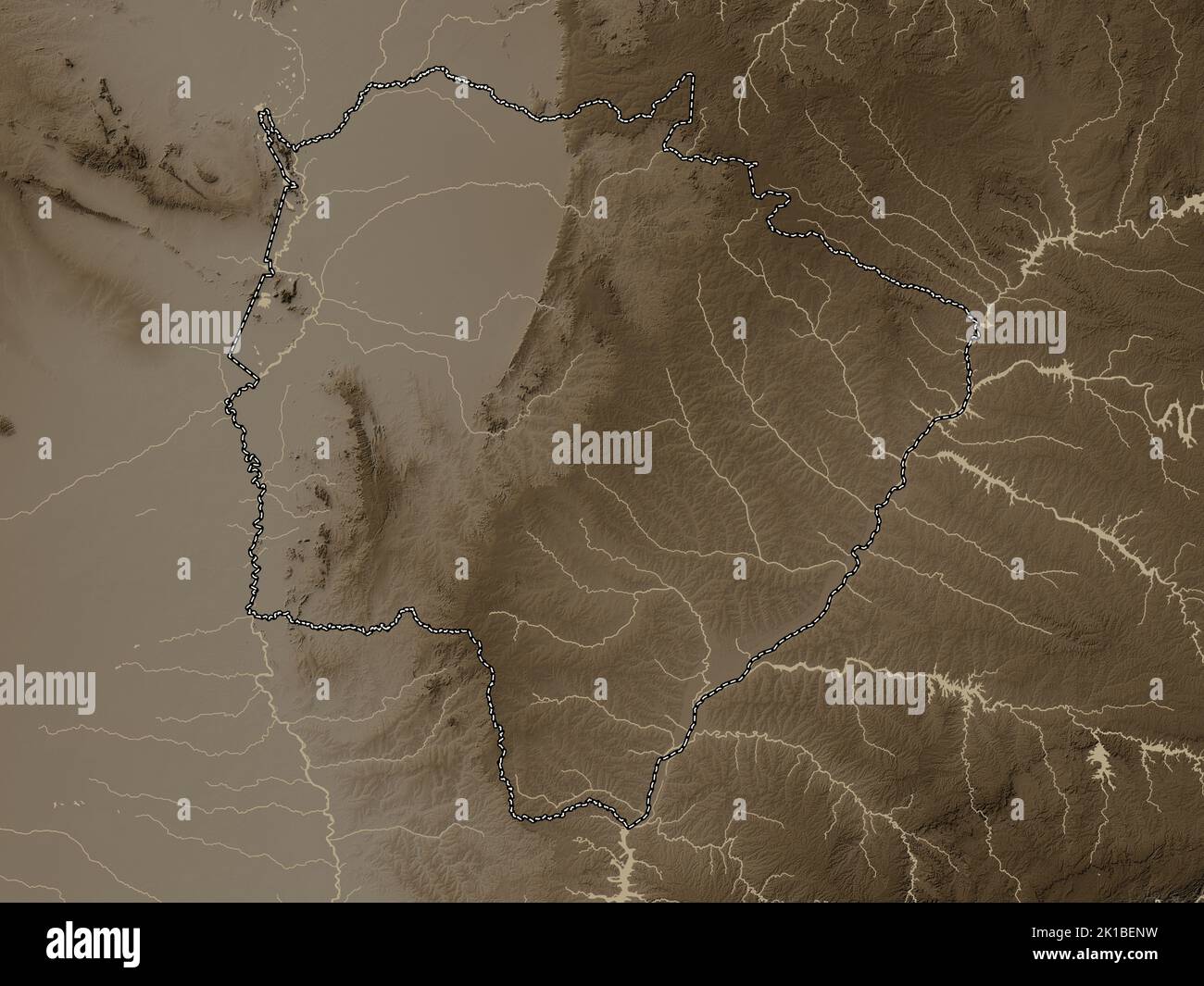 Mato Grosso do Sul, state of Brazil. Elevation map colored in sepia ...