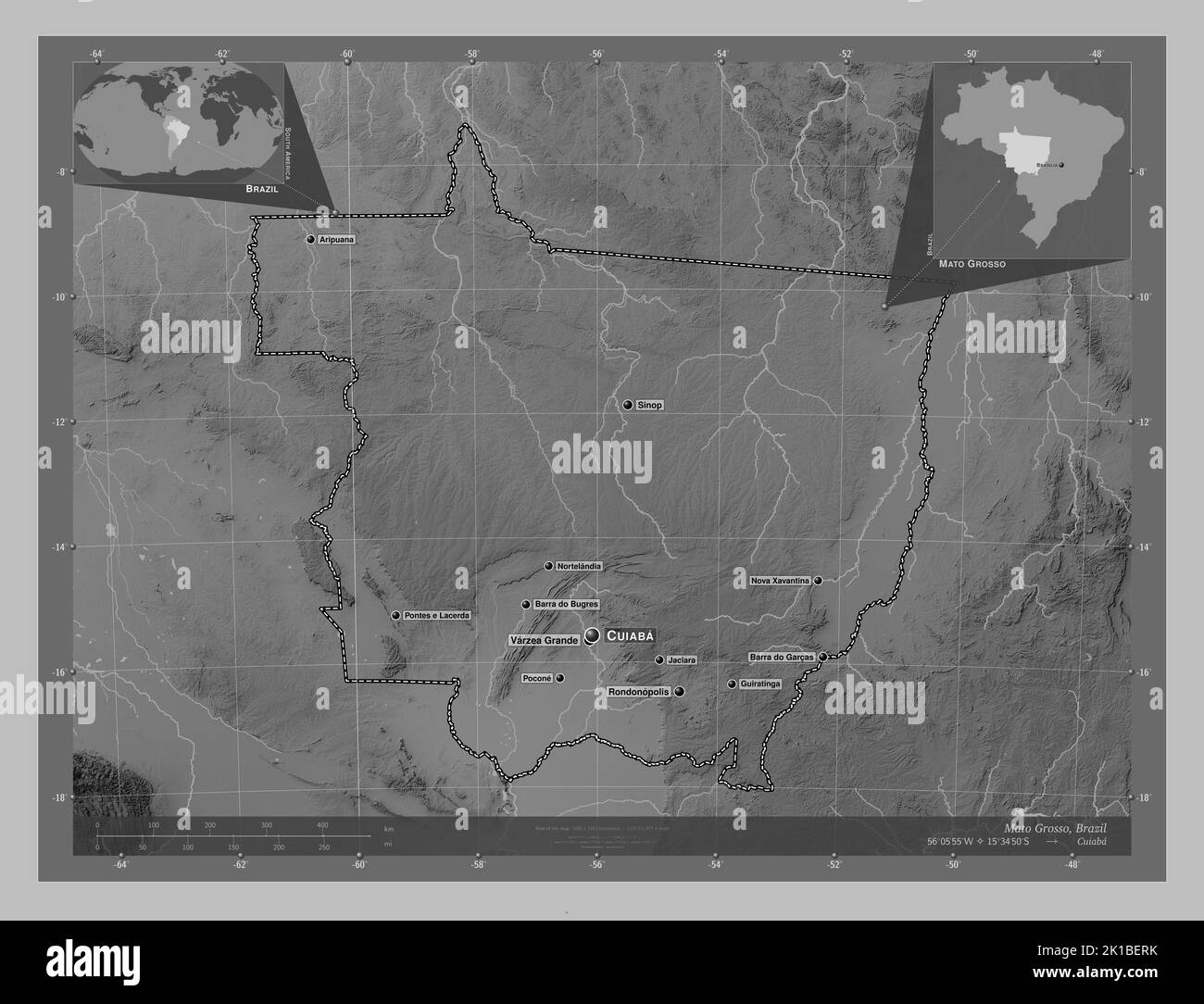 Mato Grosso, state of Brazil. Grayscale elevation map with lakes and rivers. Locations and names ...