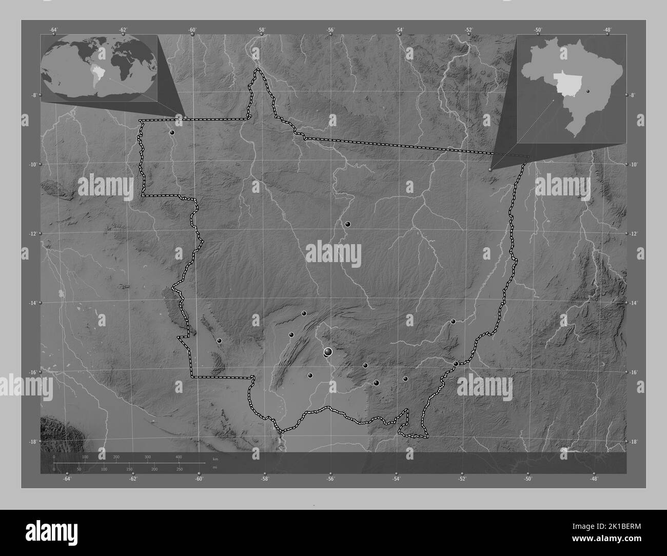 Mato Grosso, state of Brazil. Grayscale elevation map with lakes and rivers. Locations of major ...