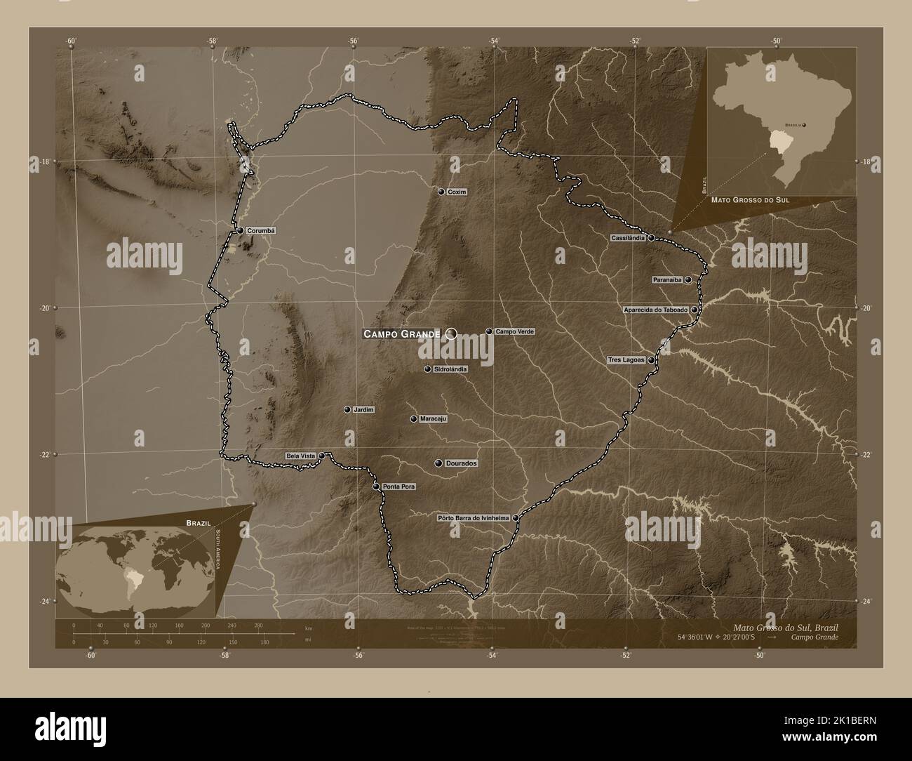 Mato Grosso do Sul, state of Brazil. Elevation map colored in sepia ...