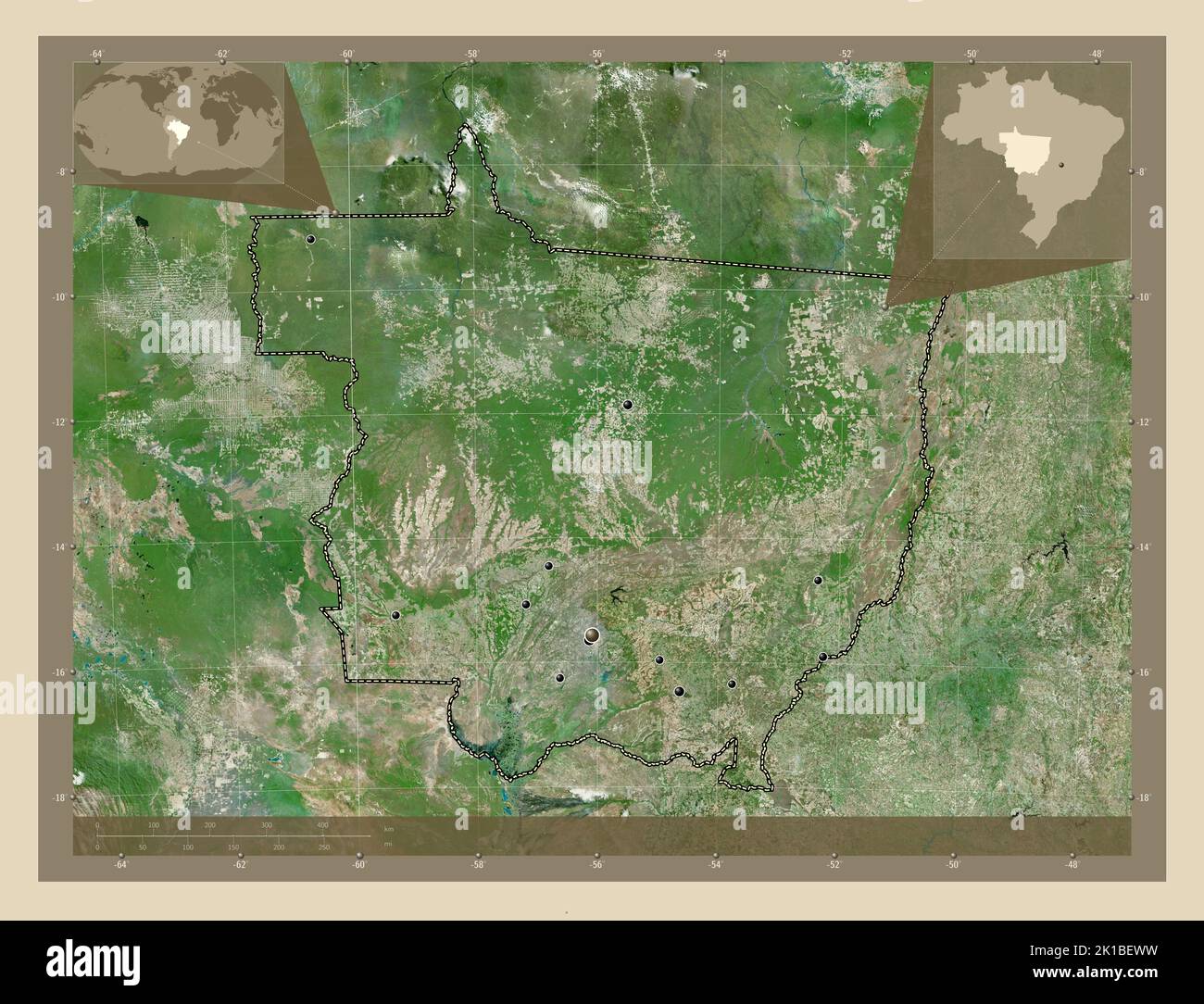 Mato Grosso, state of Brazil. High resolution satellite map. Locations ...