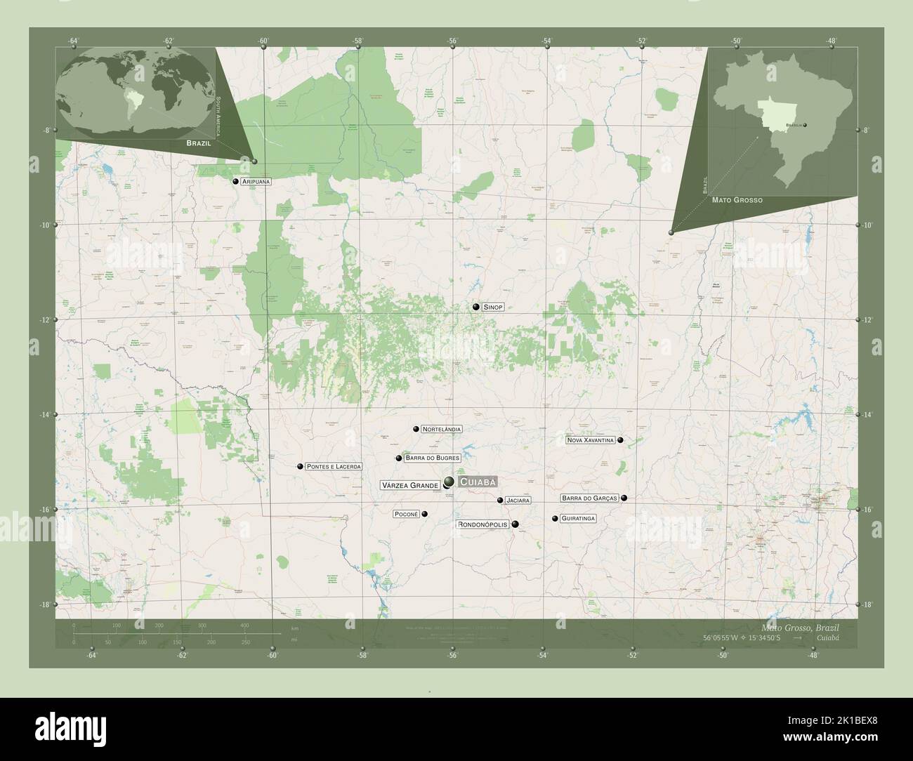 Mato Grosso, state of Brazil. Open Street Map. Locations and names of ...