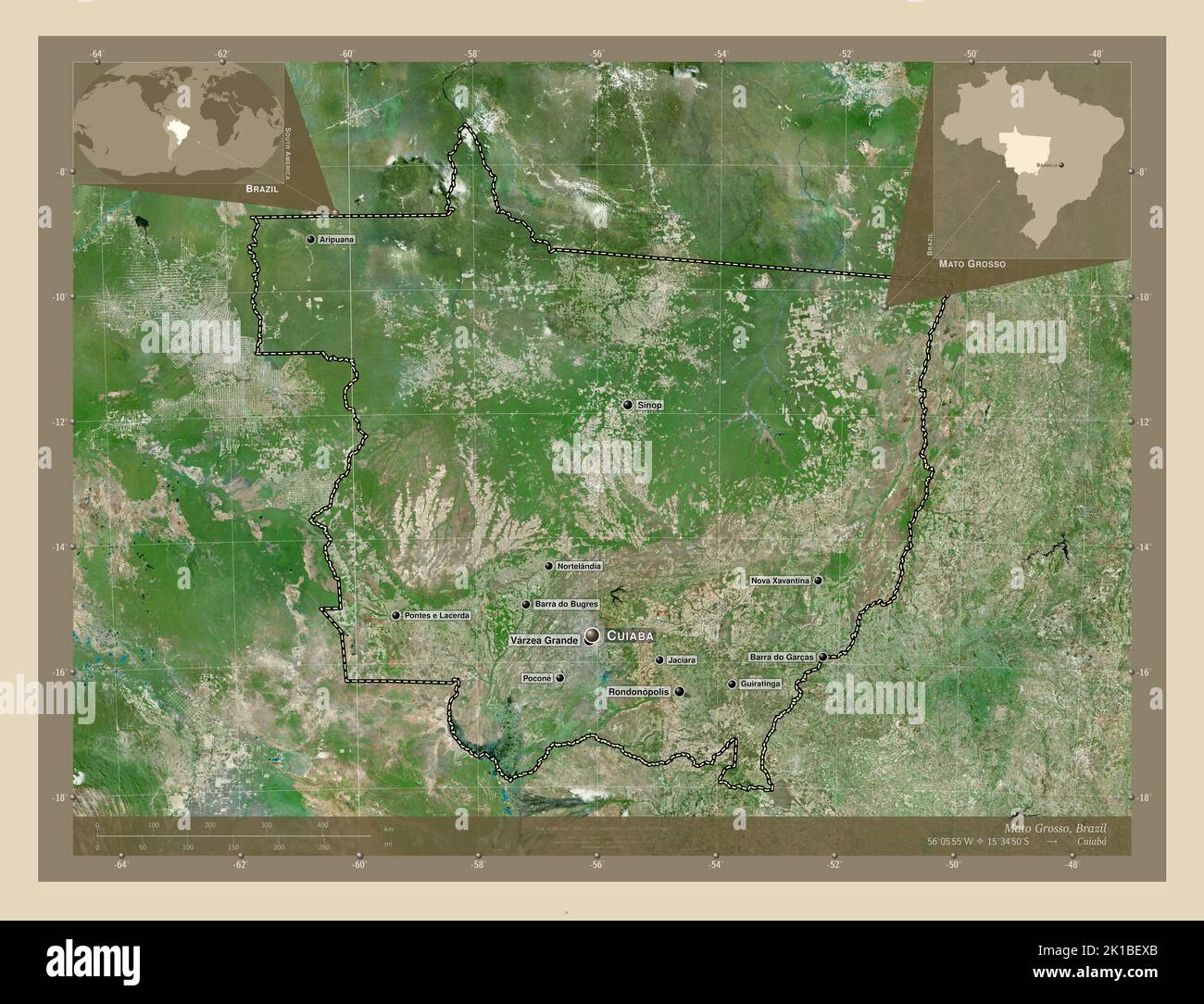 Mato Grosso, state of Brazil. High resolution satellite map. Locations ...