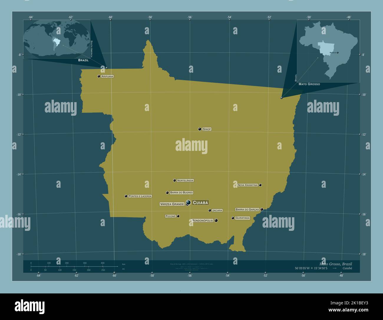 Mato Grosso, state of Brazil. Solid color shape. Locations and names of ...