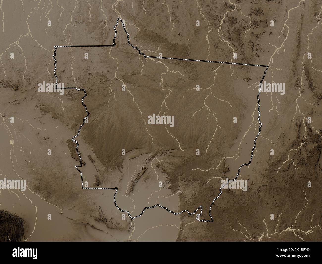 Mato Grosso, state of Brazil. Elevation map colored in sepia tones with ...