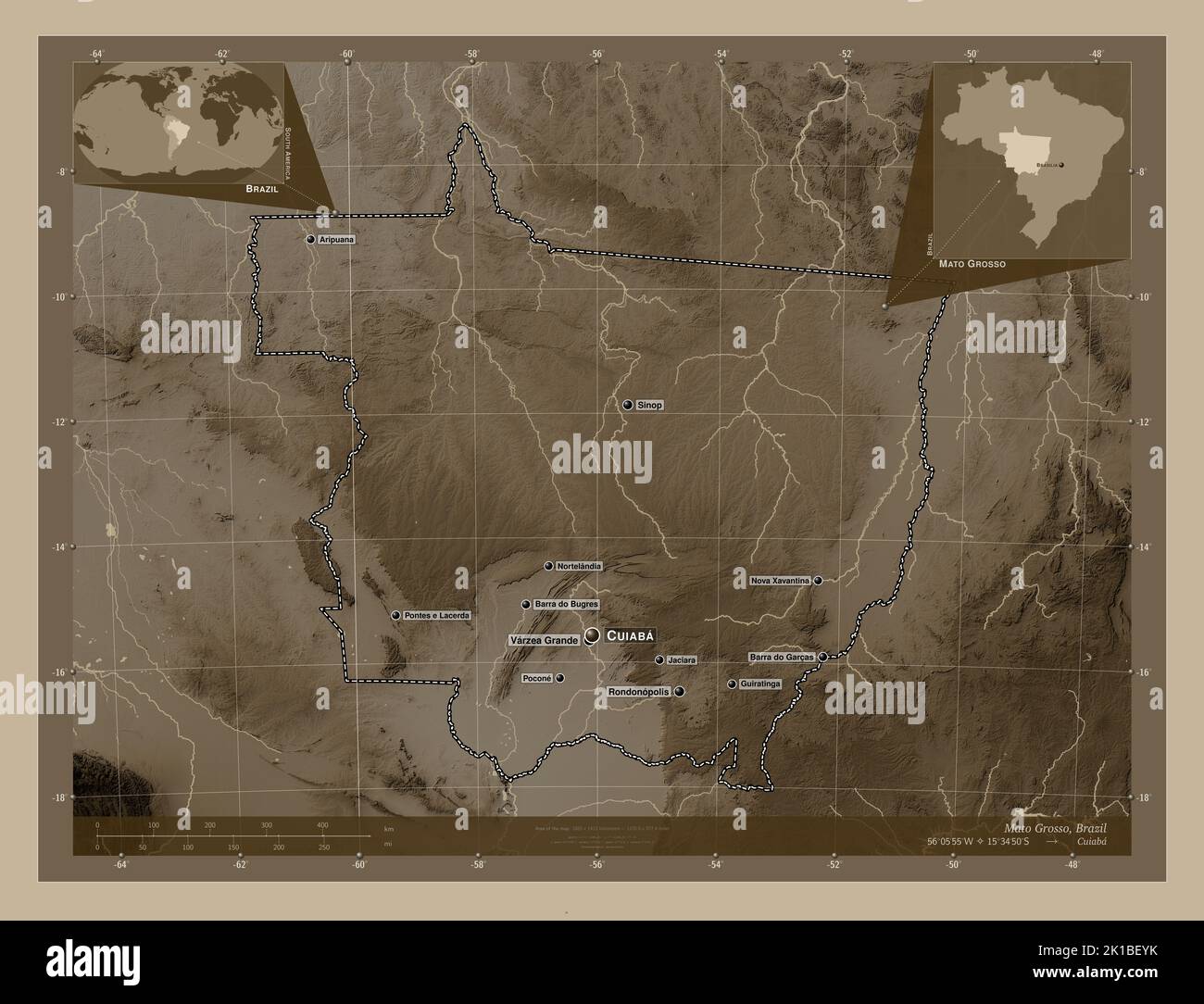 Mato Grosso, state of Brazil. Elevation map colored in sepia tones with ...