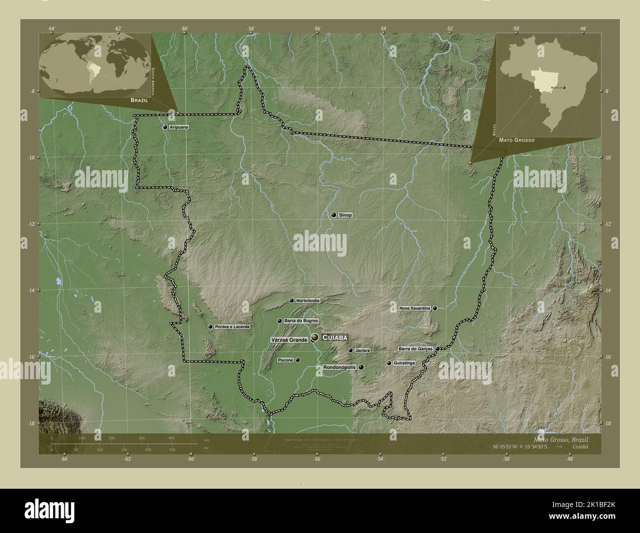Mato Grosso, state of Brazil. Elevation map colored in wiki style with ...