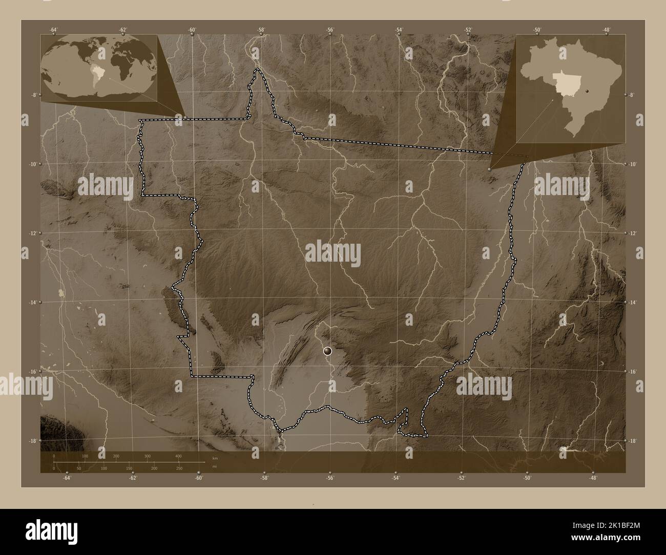 Mato Grosso, state of Brazil. Elevation map colored in sepia tones with ...