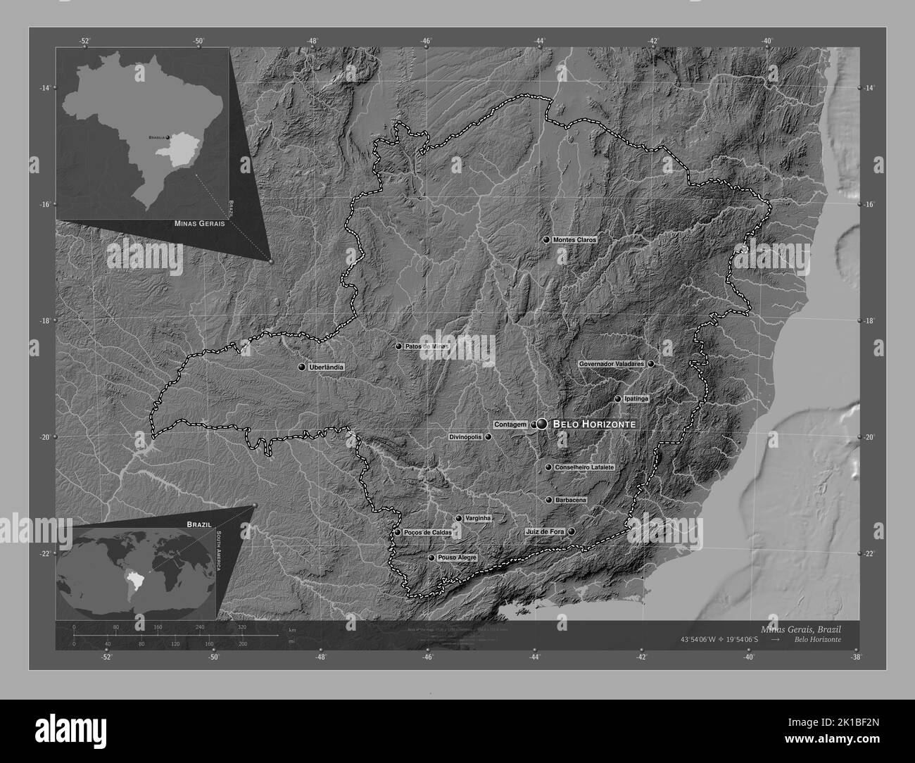 Minas Gerais, state of Brazil. Bilevel elevation map with lakes and ...