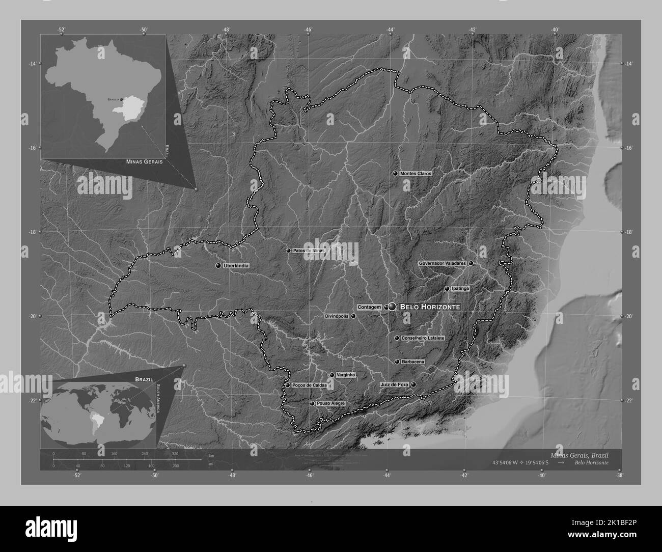 Minas Gerais, state of Brazil. Grayscale elevation map with lakes and rivers. Locations and ...